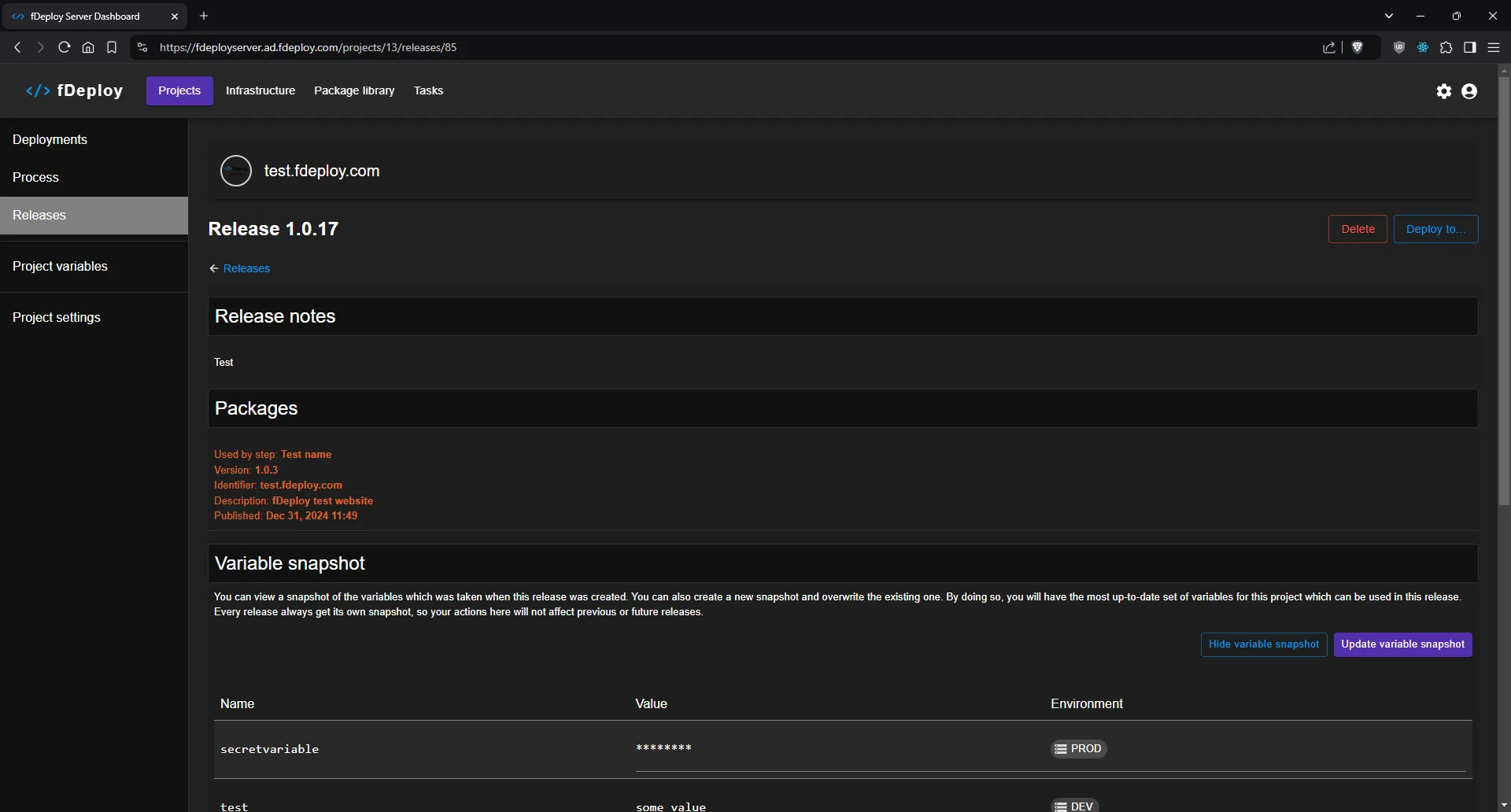 Variable snapshots | fDeploy Documentation